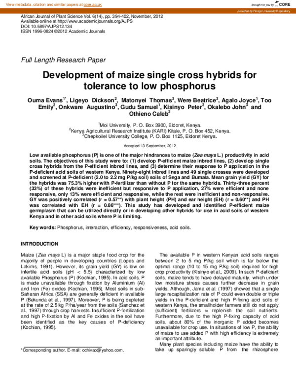 (PDF) Development of maize single cross hybrids for tolerance to low ...