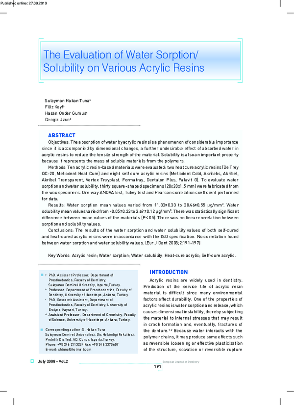 (PDF) The Evaluation of Water Sorption/Solubility on Various Acrylic Resins