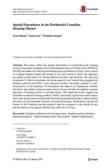 (PDF) Spatial Dependence in the Residential Canadian Housing Market