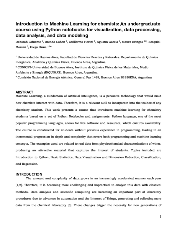 (PDF) Introduction to Machine Learning for Chemists: An Undergraduate ...