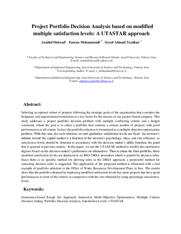 (PDF) Project Portfolio Decision Analysis based on modified multiple ...