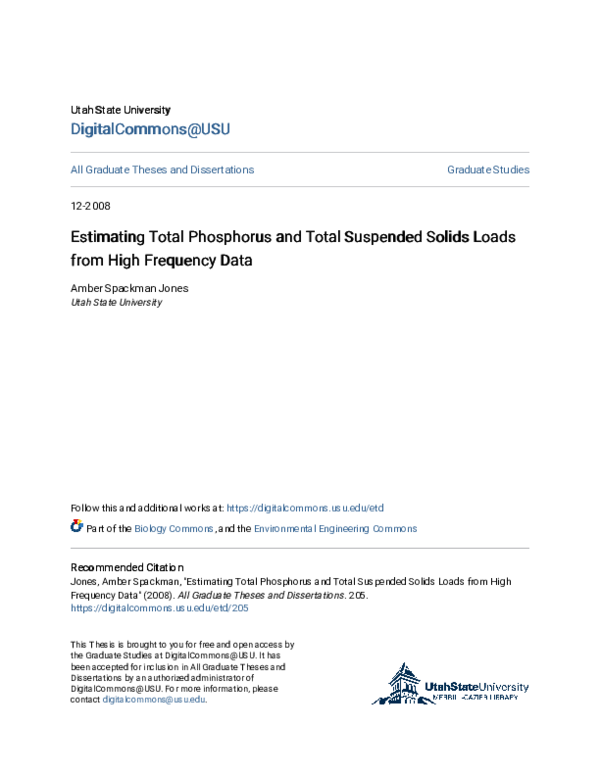 (PDF) Estimating Total Phosphorus and Total Suspended Solids Loads from High Frequency Data