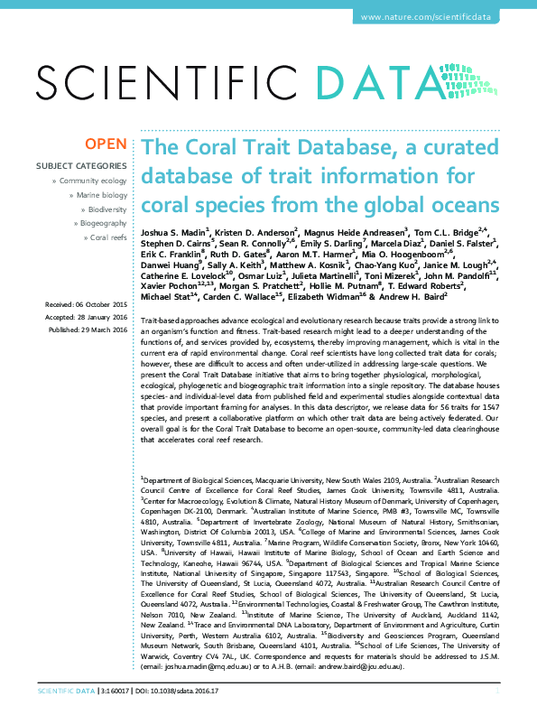 Pdf The Coral Trait Database A Curated Database Of Trait Information