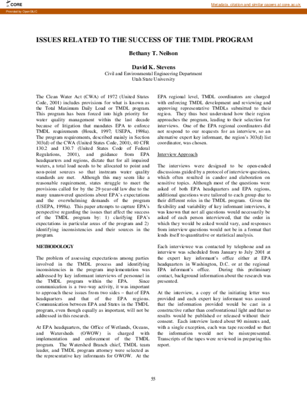 (PDF) Issues Related to the Success of the TMDL Program