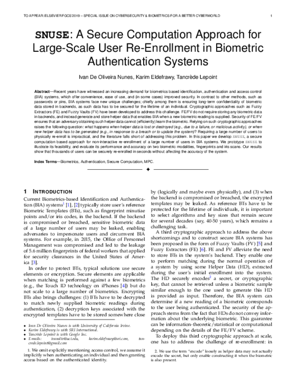 (PDF) SNUSE: A secure computation approach for large-scale user re-enrollment in biometric ...