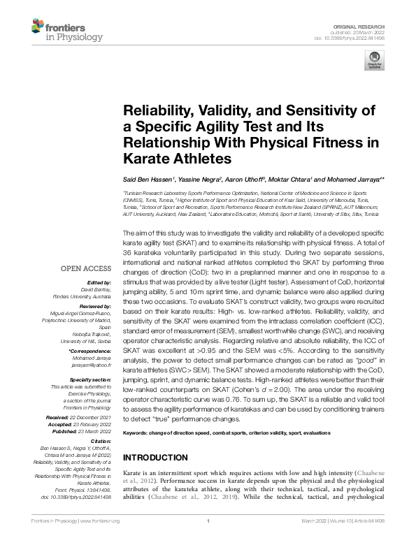 (PDF) Reliability, Validity, and Sensitivity of a Specific Agility Test ...