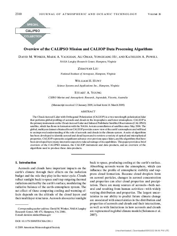 (PDF) Overview of the CALIPSO Mission and CALIOP Data Processing Algorithms