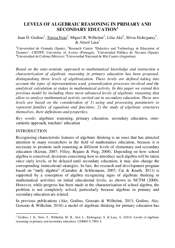 (PDF) Levels of Algebraic Reasoning in Primary and Secondary Education
