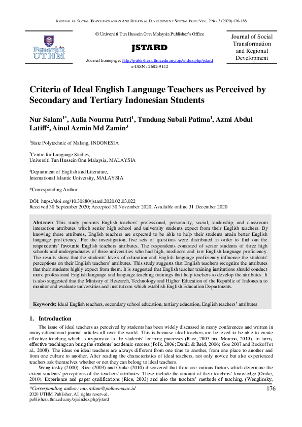 Pdf Criteria Of Ideal English Language Teachers As Perceived By Secondary And Tertiary