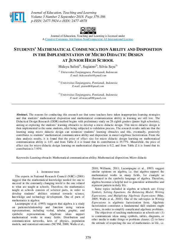 (PDF) Students' Mathematical Communication Ability and Disposition in The Implementation of ...