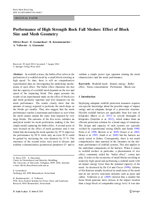 (PDF) Performance of High Strength Rock Fall Meshes: Effect of Block ...
