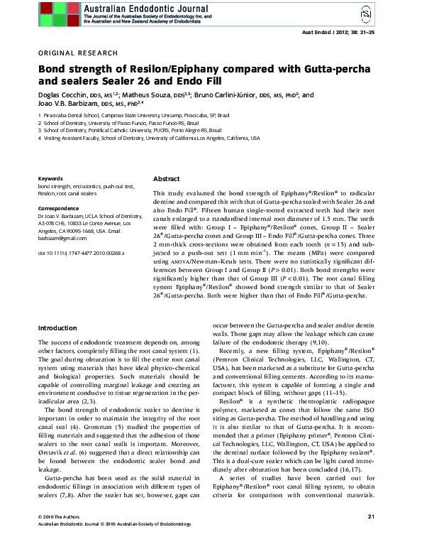 (PDF) Bond strength of Resilon/Epiphany compared with Gutta-percha and ...