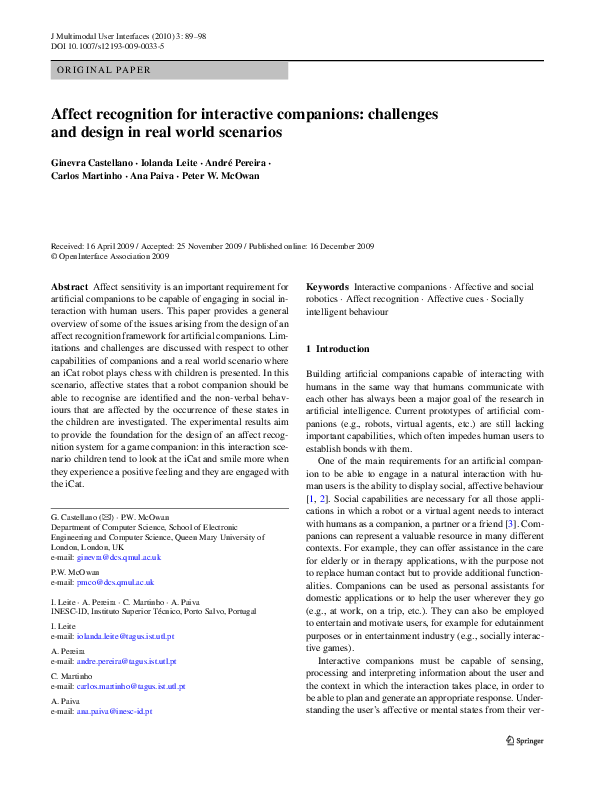 (PDF) Affect recognition for interactive companions: challenges and design in real world scenarios