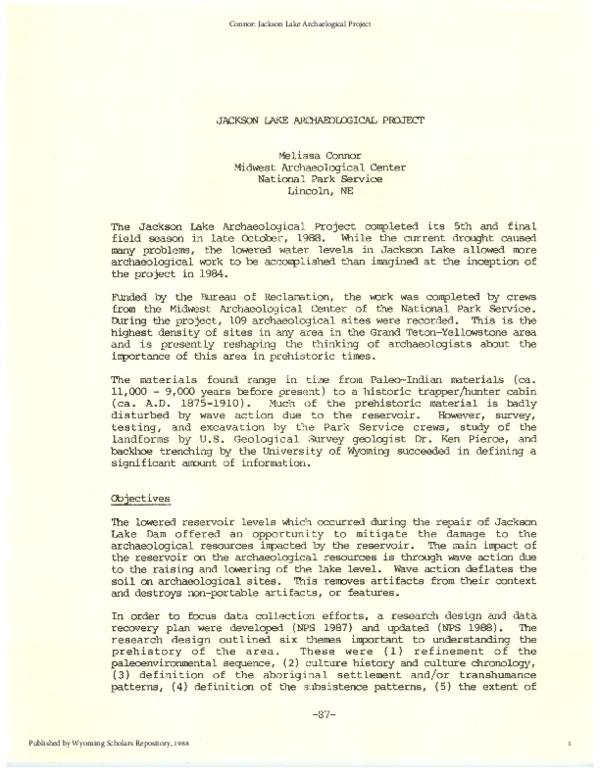 (PDF) Jackson Lake Archaelogical Project