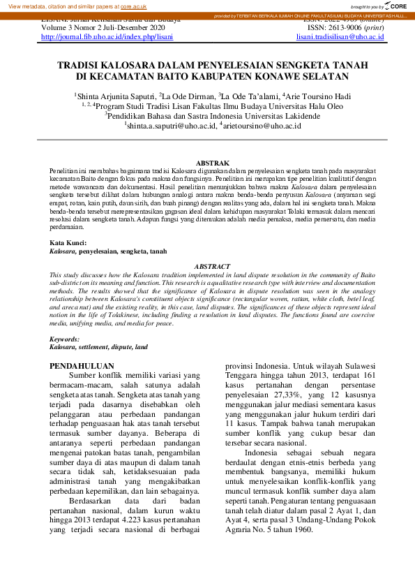 (PDF) Tradisi Kalosara Dalam Penyelesaian Sengketa Tanah DI Kecamatan ...