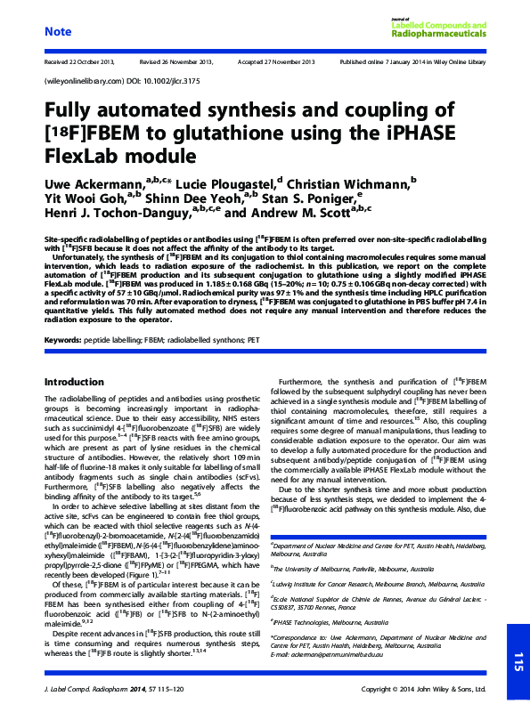 (PDF) Fully automated synthesis and coupling of [18F]FBEM to glutathione using the iPHASE ...