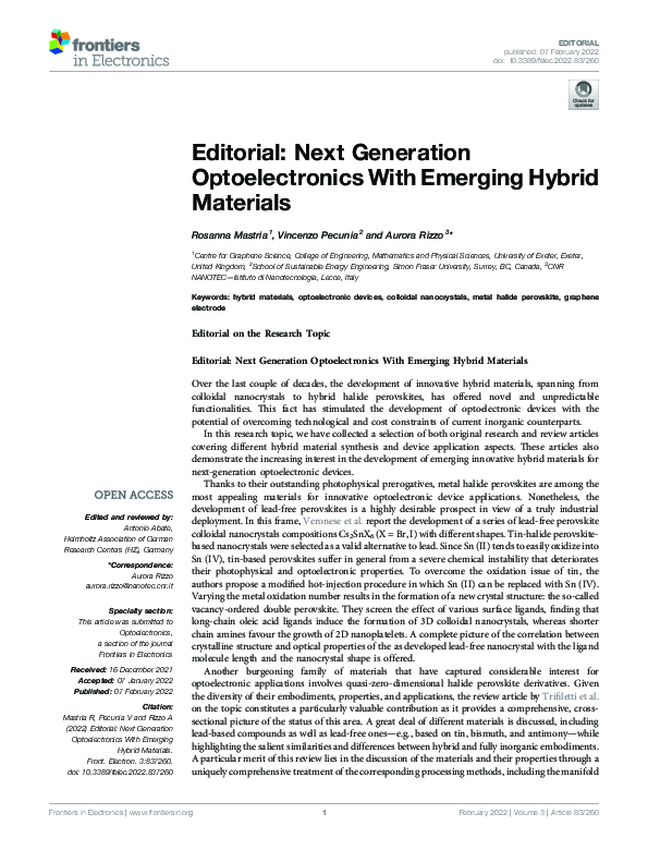 (PDF) Editorial: Next Generation Optoelectronics With Emerging Hybrid Materials