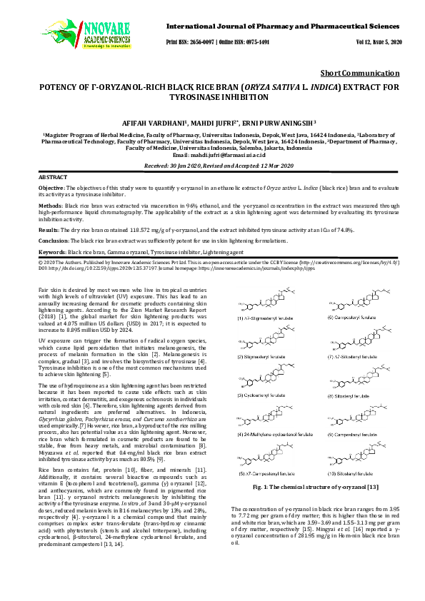 (PDF) Potency of Γ-Oryzanol-Rich Black Rice Bran (Oryza Sativa L. Indica) Extract for Tyrosinase ...