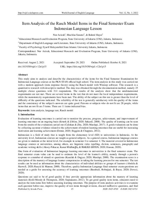 (PDF) Item Analysis of the Rasch Model Items in the Final Semester Exam Indonesian Language Lesson