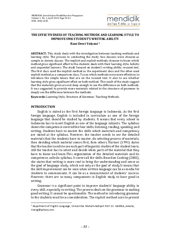 (PDF) The Effectiveness of Teaching Methods And Learning Style To Improve SMK Student’s Writing ...