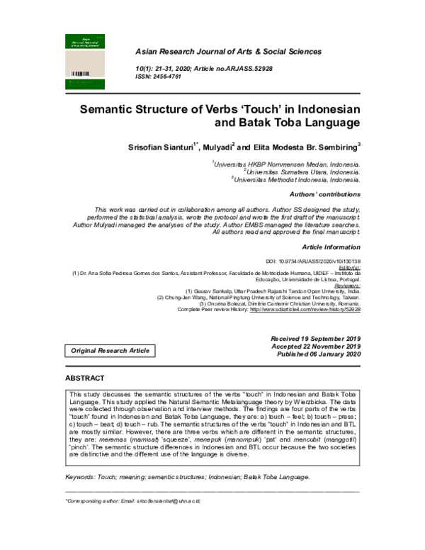 (PDF) Semantic Structure of Verbs ‘Touch’ in Indonesian and Batak Toba Language