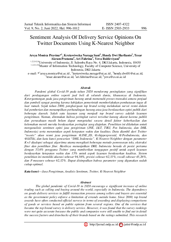 (PDF) Sentiment Analysis of Delivery Service Opinions on Twitter Documents using K-Nearest Neighbor