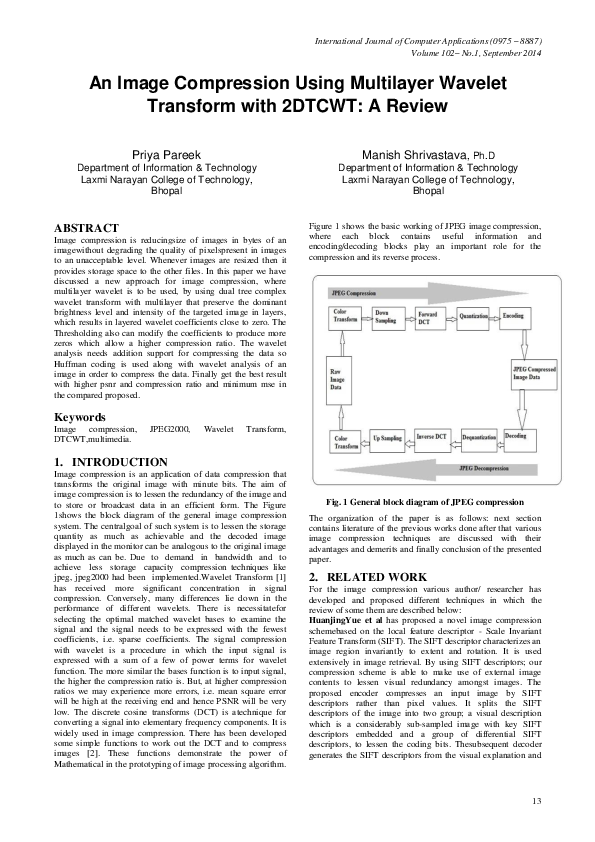 (PDF) An Image Compression using Multilayer Wavelet Transform with 2DTCWT: A Review | Priya ...