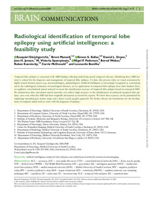 (PDF) Radiological identification of temporal lobe epilepsy using artificial intelligence: a ...