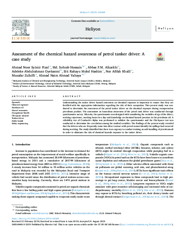 (PDF) Assessment of the chemical hazard awareness of petrol tanker ...