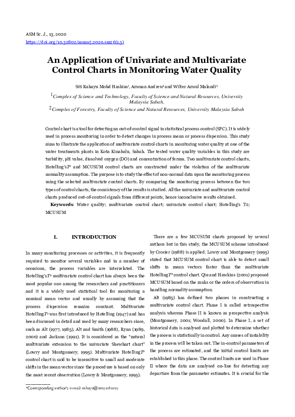 (PDF) An Application of Univariate and Multivariate Control Charts in Monitoring Water Quality