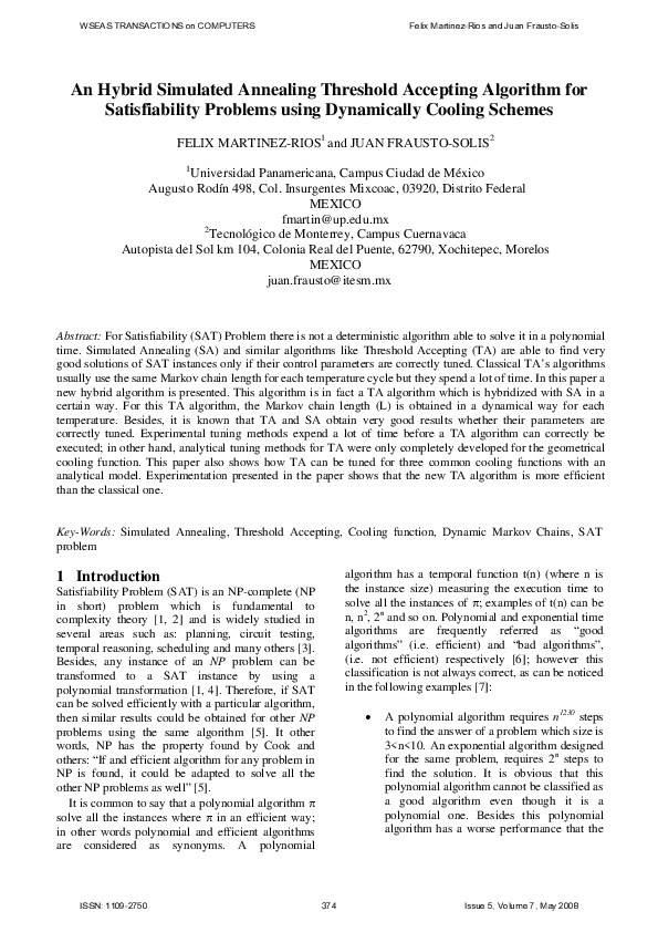 (PDF) An hybrid simulated annealing threshold accepting algorithm for satisfiability problems ...