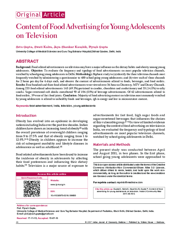(PDF) Content of Food Advertising for Young Adolescents on Television