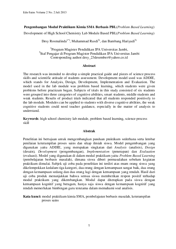 (PDF) Pengembangan Modul Praktikum Kimia SMA Berbasis PBL(Problem Based Learning) | Bambang ...