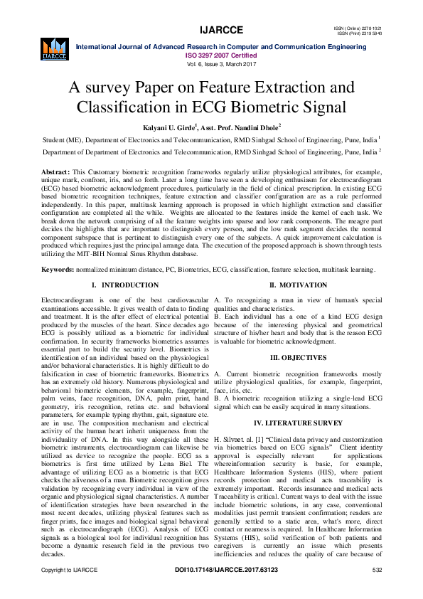 Pdf A Survey Paper On Feature Extraction And Classification In Ecg Biometric Signal