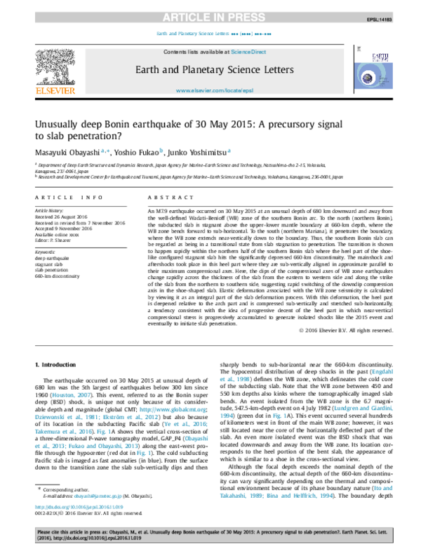 (PDF) Unusually deep Bonin earthquake of 30 May 2015: A precursory ...