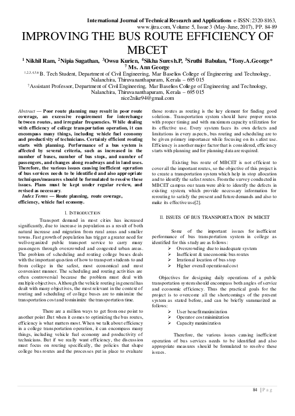 (PDF) Improving the Bus Route Efficiency of Mbcet