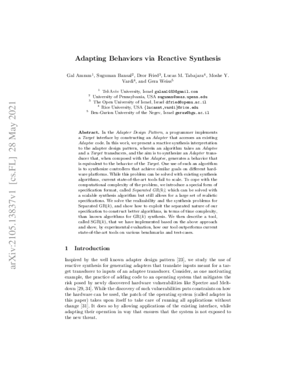 Pdf Adapting Behaviors Via Reactive Synthesis