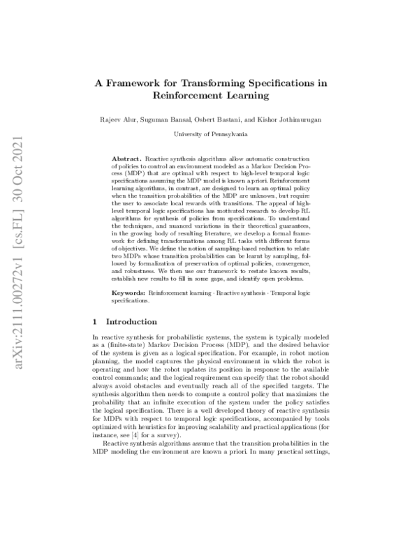 (PDF) A Framework for Transforming Specifications in Reinforcement Learning