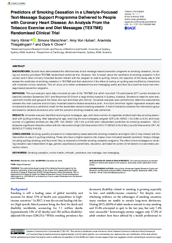 (PDF) Predictors of Smoking Cessation in a Lifestyle-Focused Text-Message Support Programme ...