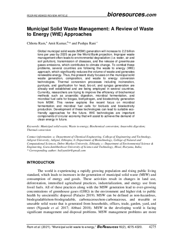 (PDF) Municipal solid waste management: A review of waste to energy ...
