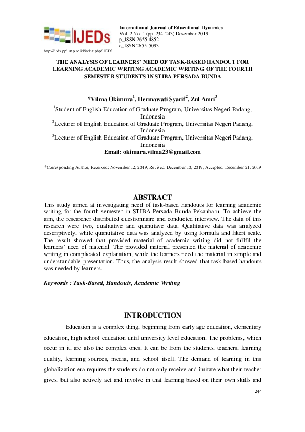 (PDF) The Analysis Of Learners’ Need Of Task-Based Handout For Learning ...