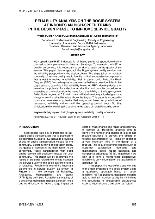 (PDF) Reliability Analysis on the Bogie System at Indonesian High-Speed Trains in the Design ...