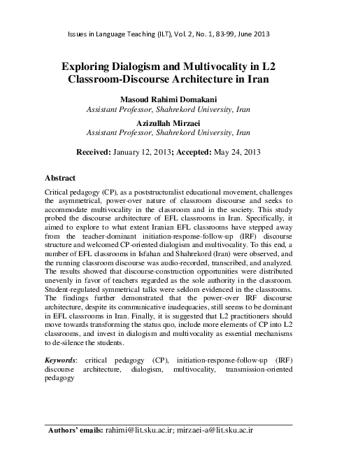 (PDF) Exploring Dialogism and Multivocality in L2 Classroom-Discourse Architecture in Iran