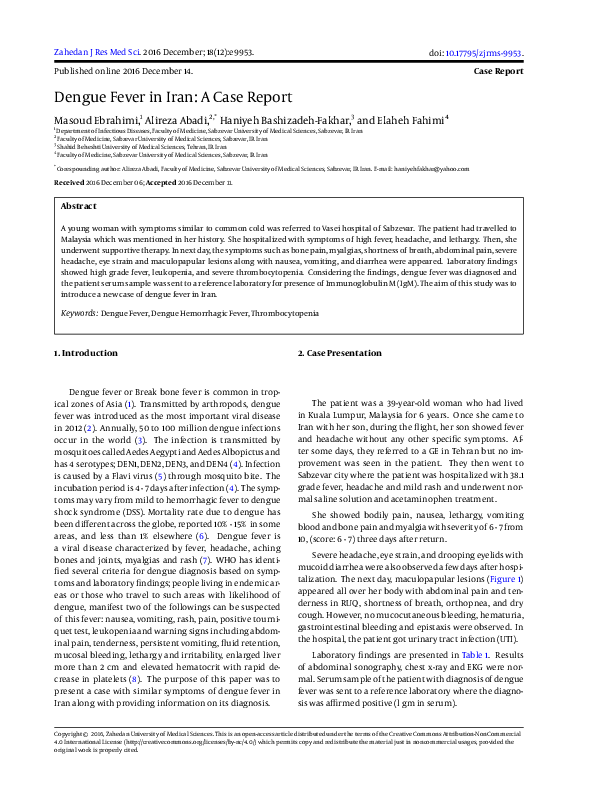 (PDF) Dengue Fever in Iran: A Case Report