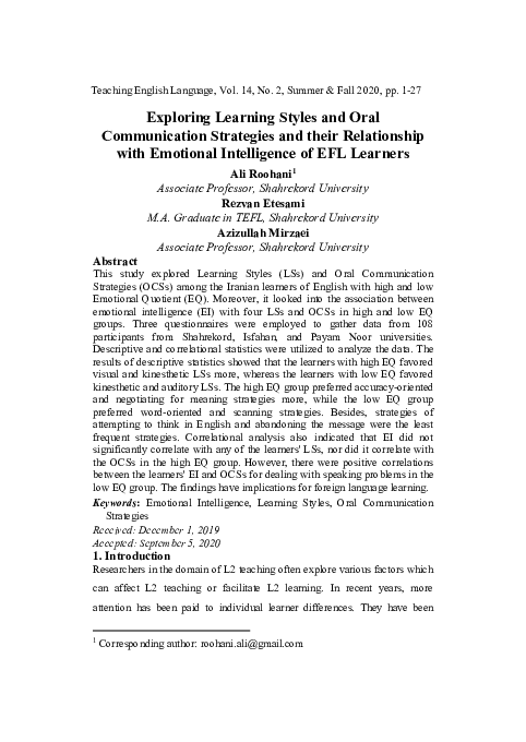 (PDF) Exploring Learning Styles and Oral Communication Strategies and their Relationship with ...