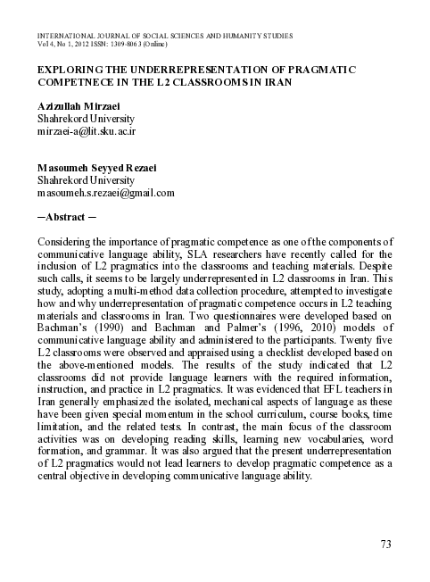 (PDF) Exploring the Underrepresentation of Pragmatic Competnece in the L2 Classrooms in Iran