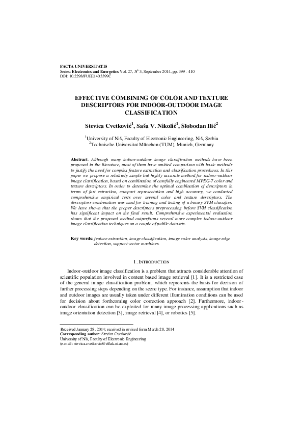 (PDF) Effective combining of color and texture descriptors for indoor-outdoor image classification