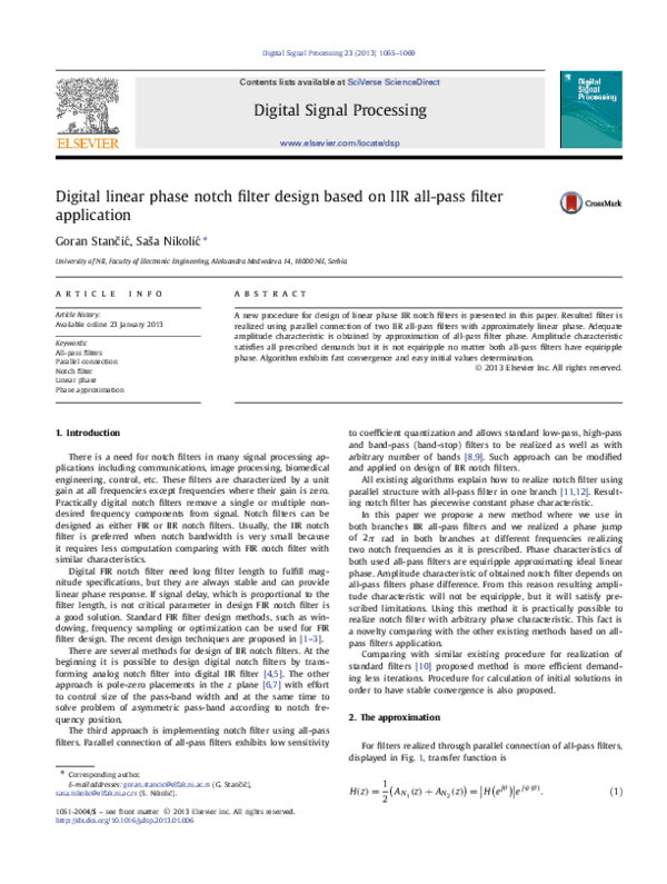(PDF) Digital linear phase notch filter design based on IIR all-pass ...