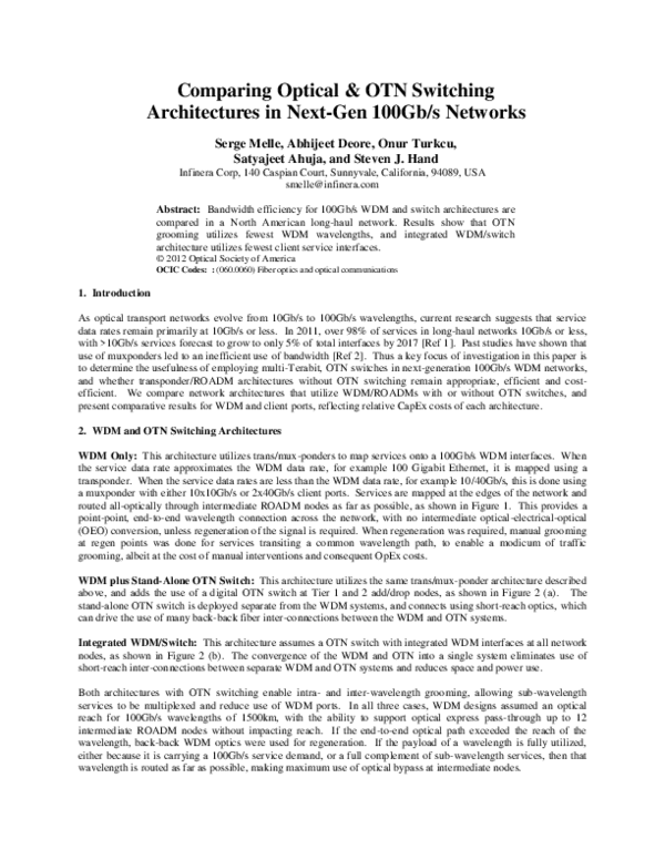 (PDF) Comparing Optical & OTN Switching Architectures in Next-Gen 100Gb ...