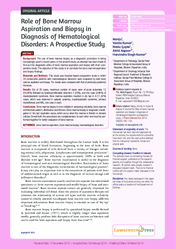 (PDF) Role of Bone Marrow Aspiration and Biopsy in Diagnosis of Hematological Disorders: A ...